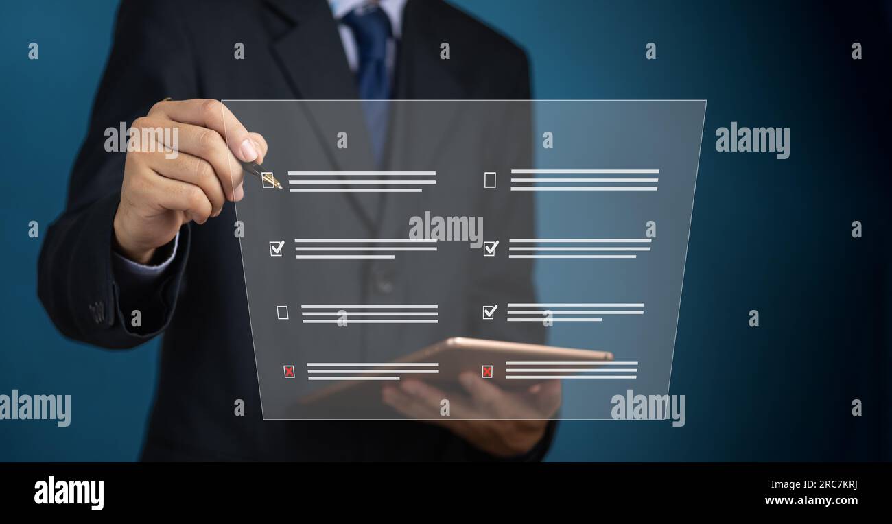 man chooses questionnaire with checkbox, survey form online, answer ...