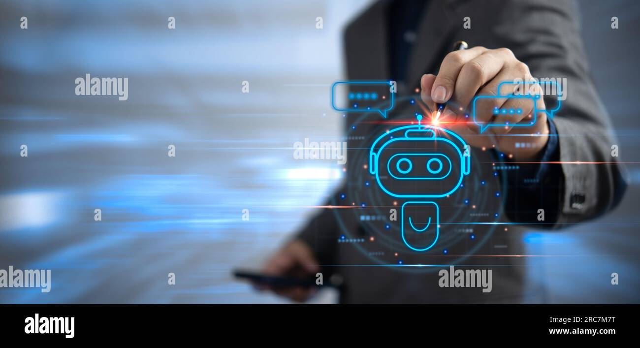 Businessman holding a light chatbot hologram intelligence AI. Digital ...