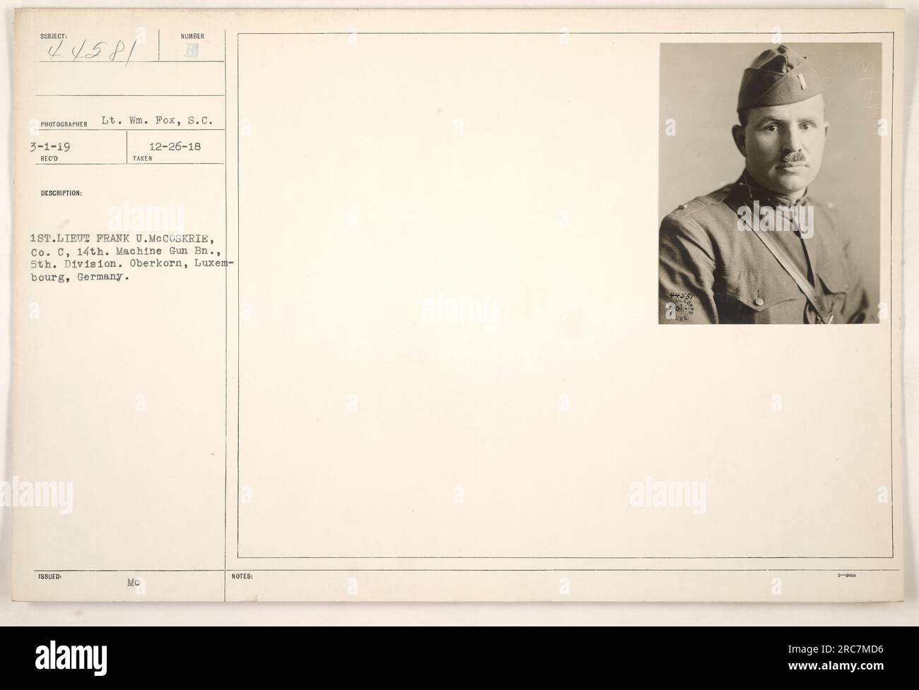 Lieutenant Frank U. McCoskrie of Co. C, 14th Machine Gun Battalion, 5th ...