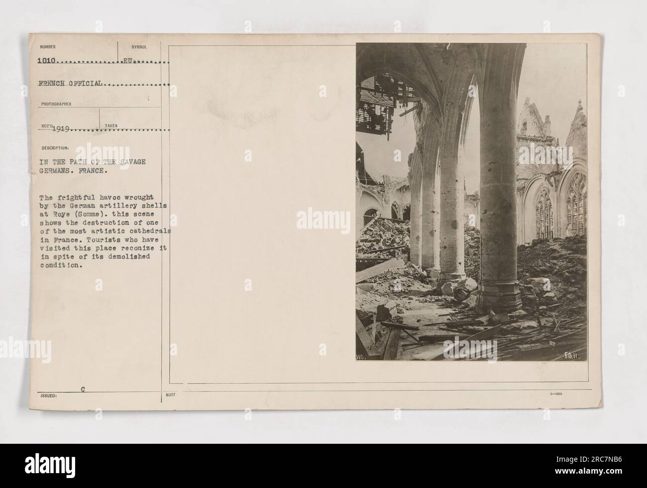 "Damage caused by German artillery shells at Roye, France during World ...