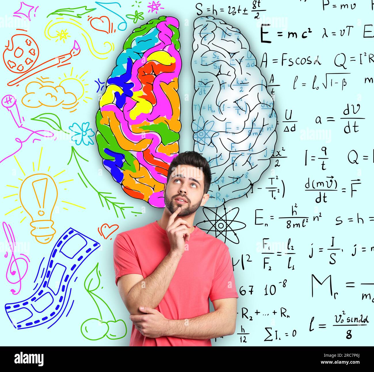 Logic and creativity. Man and illustration of brain hemispheres ...