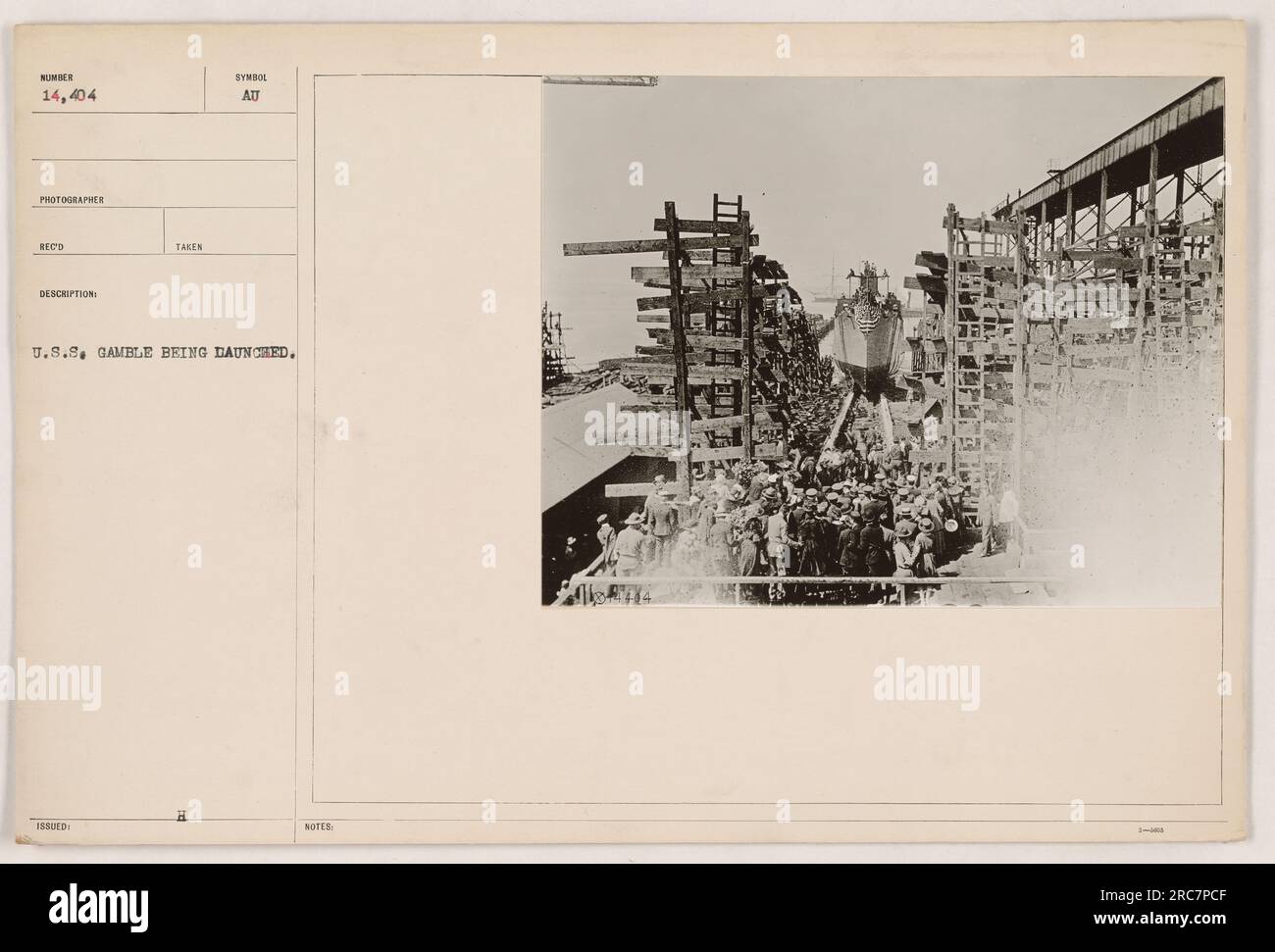 U.S.S. Gamble being launched during World War I. The photograph was ...