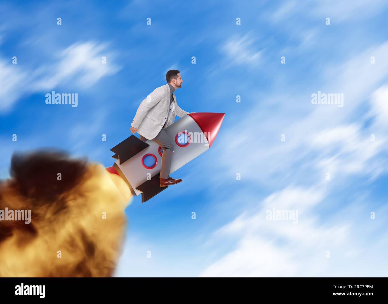Successful business startup. Happy man sitting on rocket rushing ...