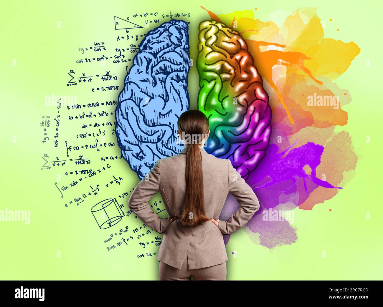 Logic and creativity. Woman and illustration of brain hemispheres ...