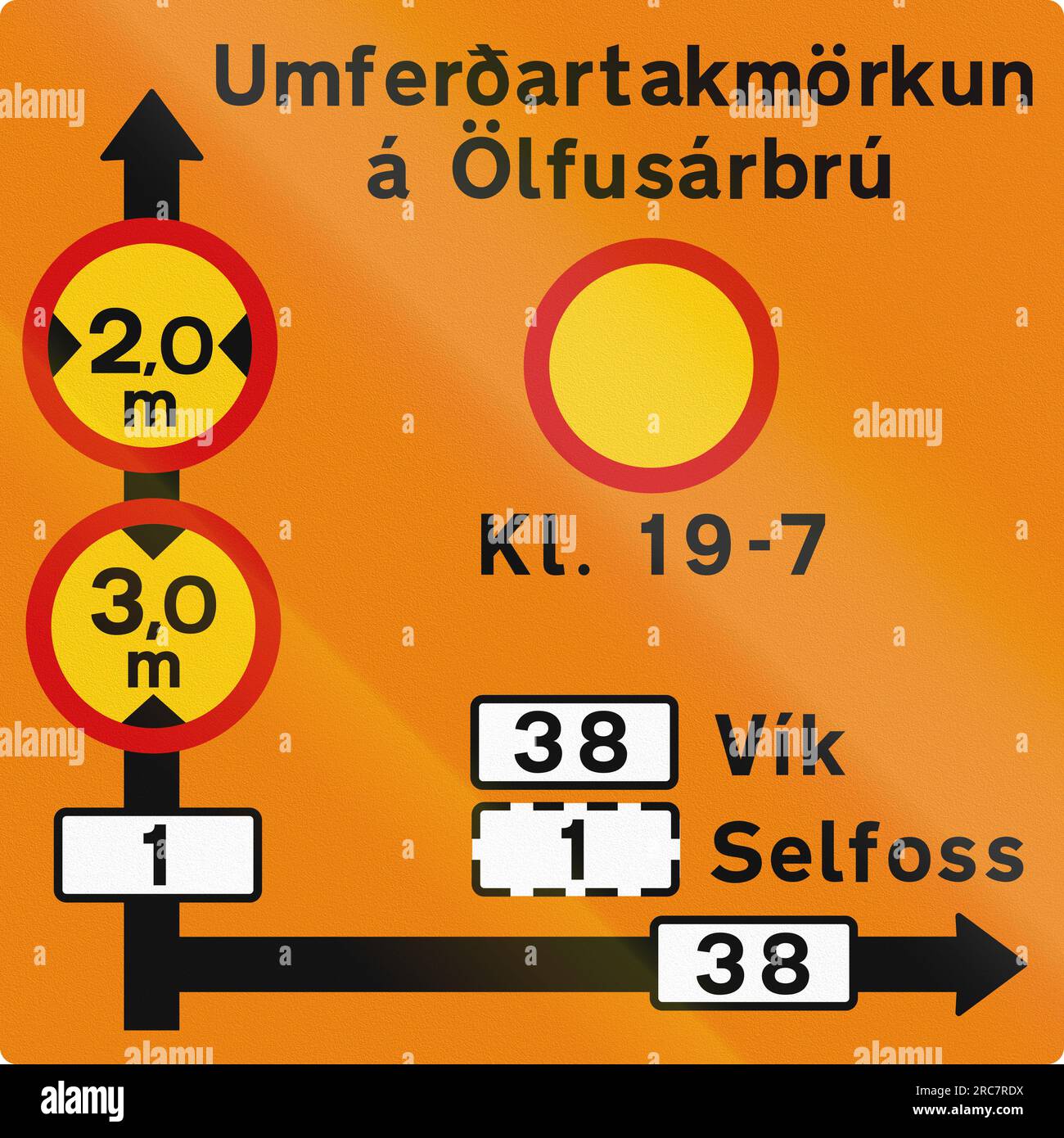 Icelandic provisional road sign for a bypass, the text means: Bypass ...