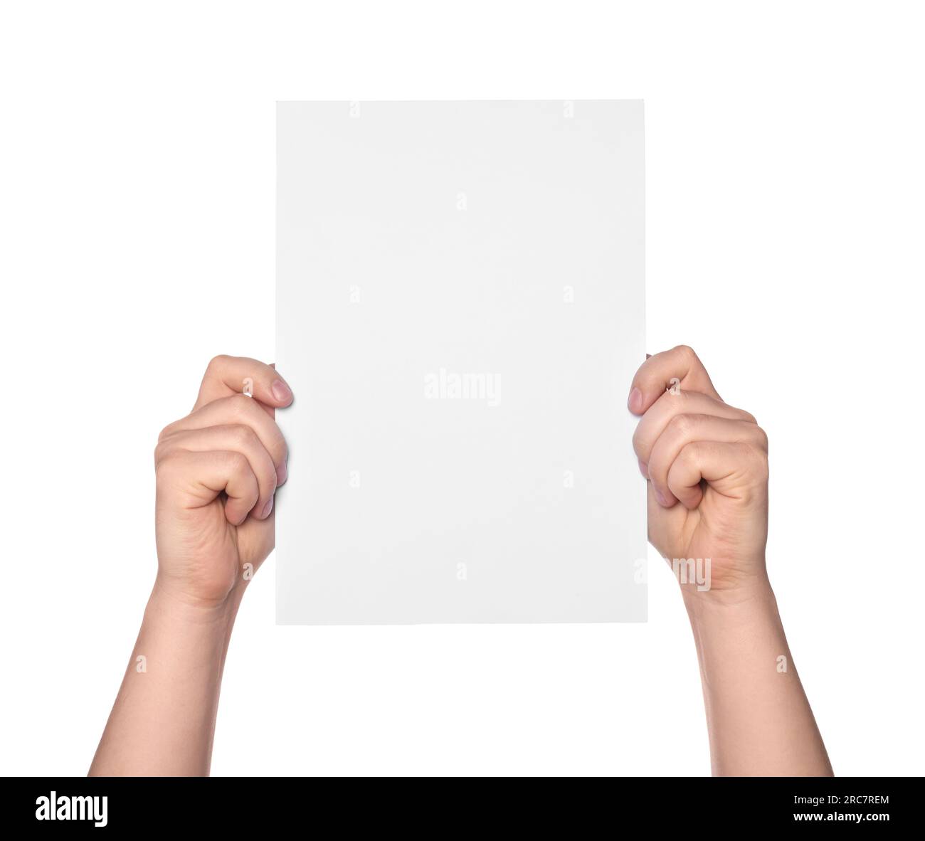 Woman holding sheet of paper on white background, closeup. Mockup for ...