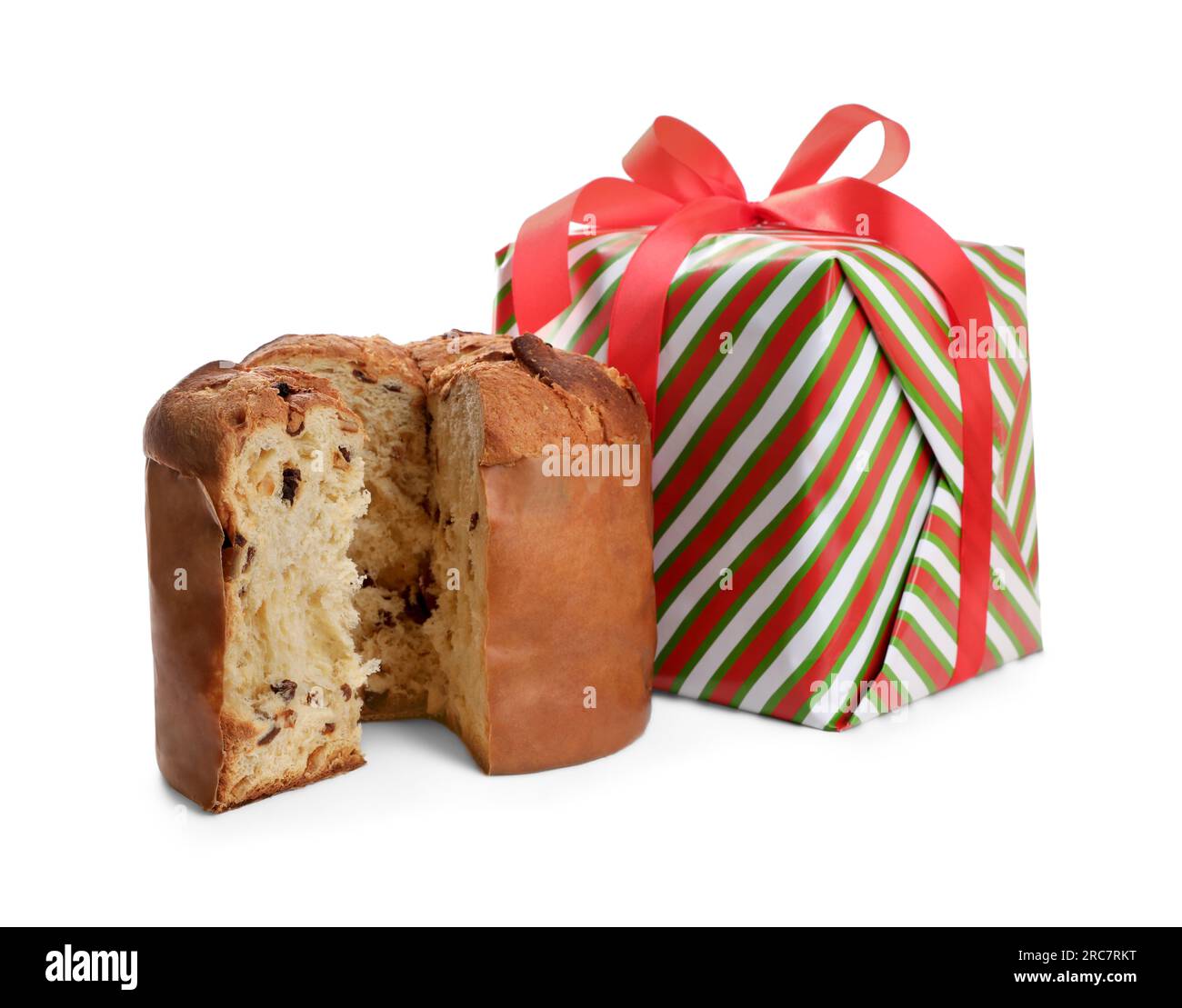 Delicious Panettone cake and gift box on white background. Traditional ...
