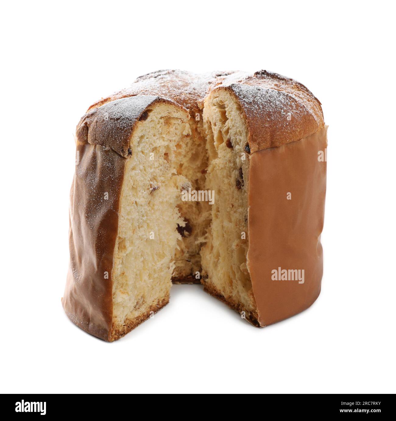 Delicious Panettone cake with powdered sugar on white background ...