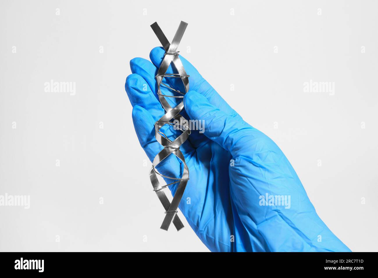 Scientist with DNA molecular chain model made of metal on white ...