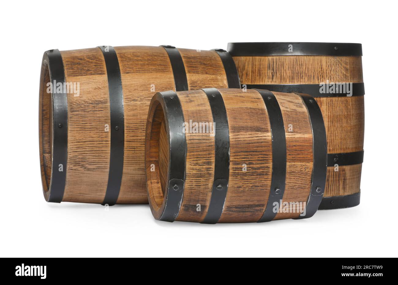 Three traditional wooden barrels on white background Stock Photo - Alamy