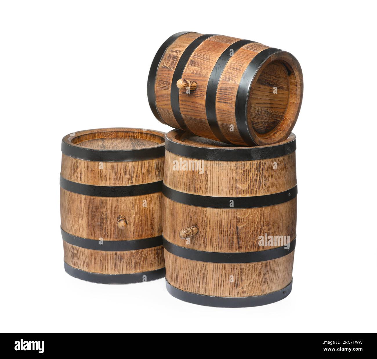 Three traditional wooden barrels on white background Stock Photo - Alamy