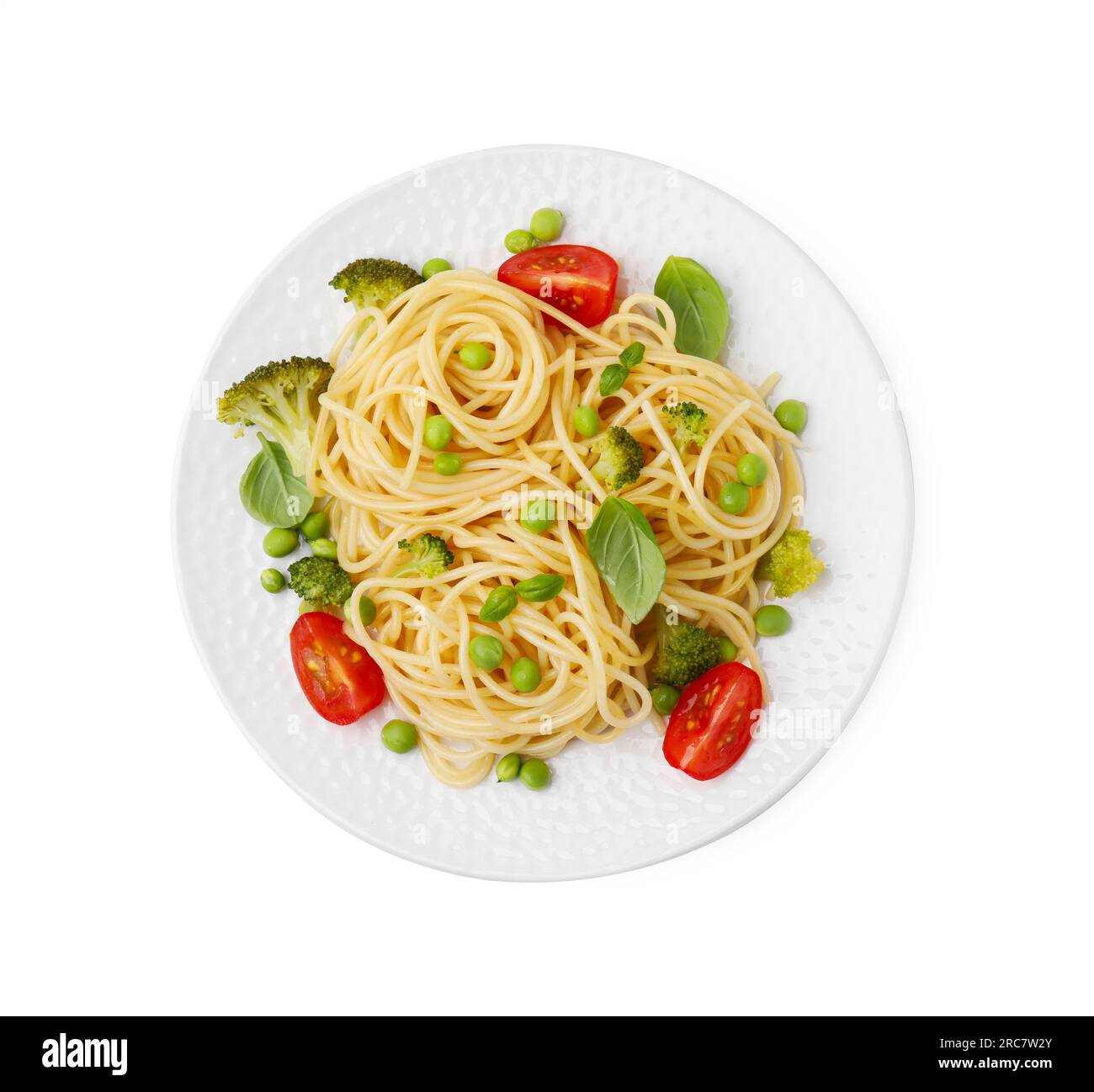 Plate of delicious pasta primavera isolated on white, top view Stock ...