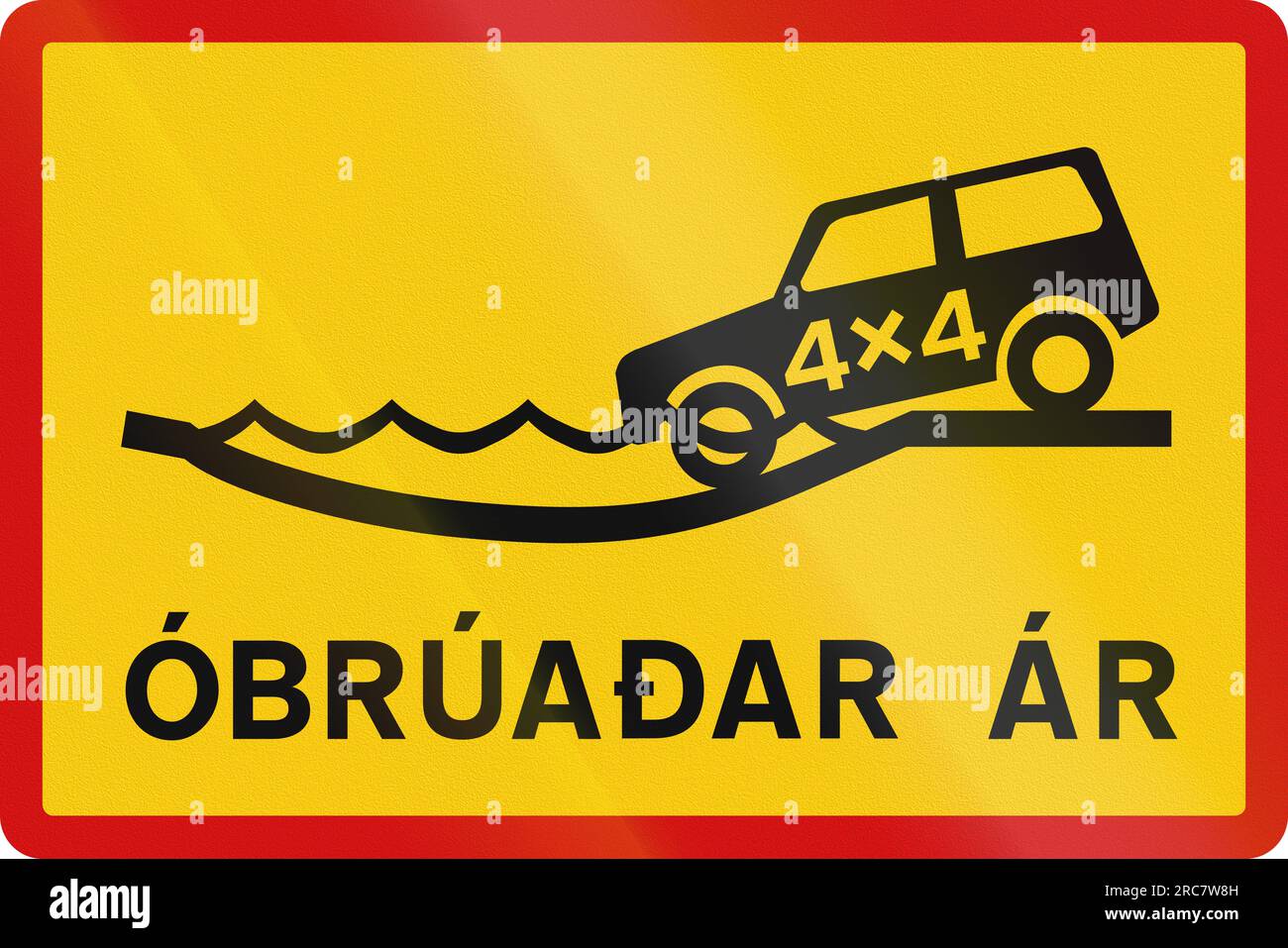 Supplementary road sign with the words in Icelandic: Unbridged river ...