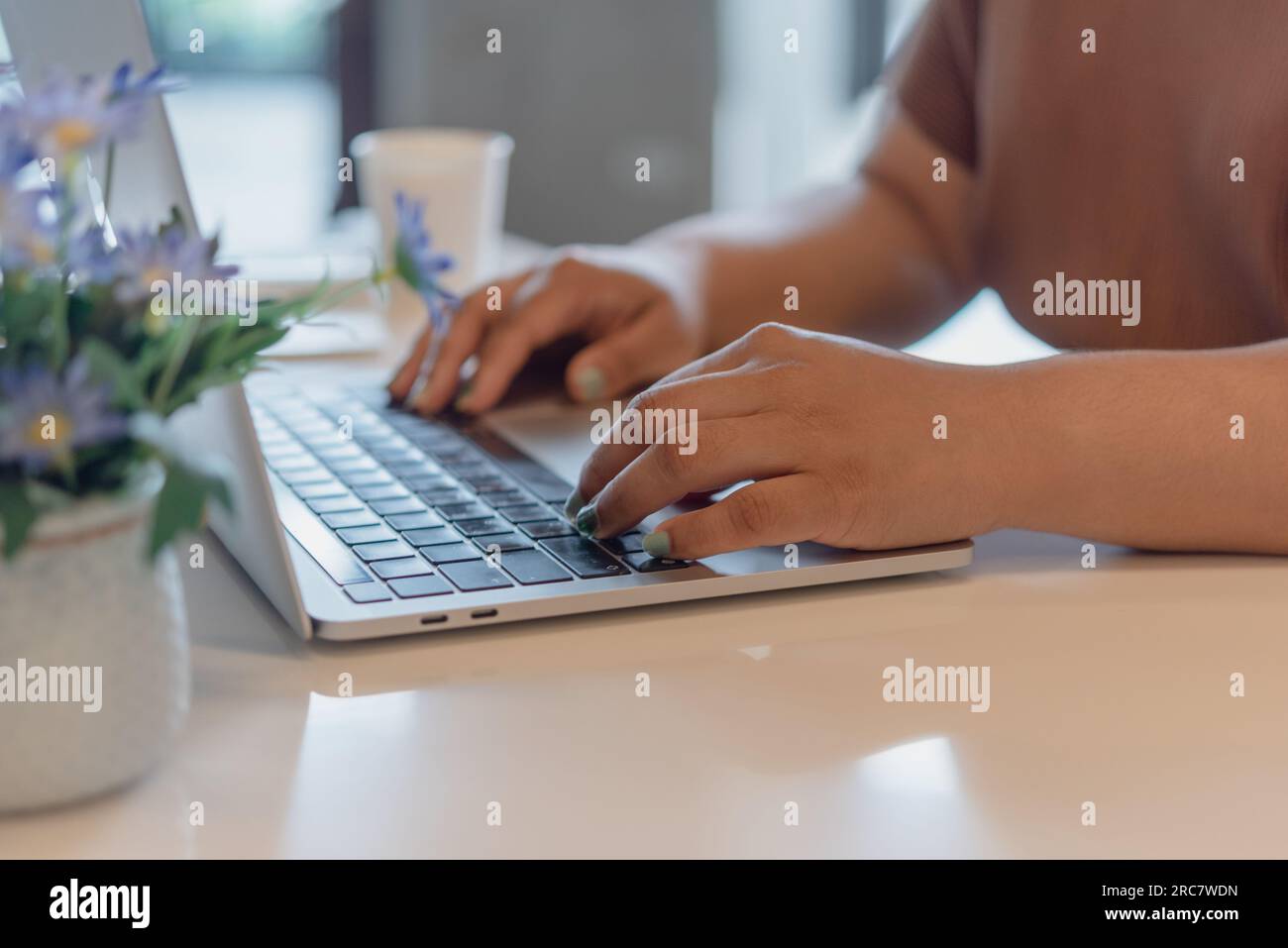 Woman working typing on keyboard laptop computer searching information ...