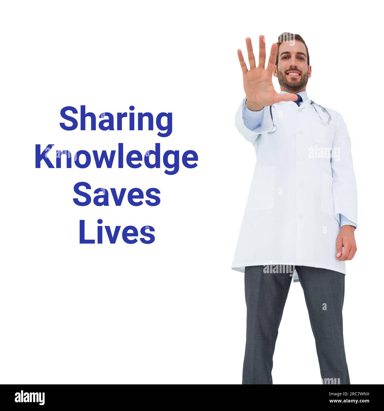 Composition of sharing knowledge saves lives text over caucasian male doctor Stock Photo - Alamy