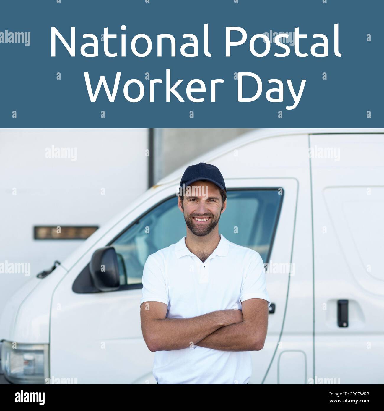 Composition of national postal worker day text over happy caucasian ...