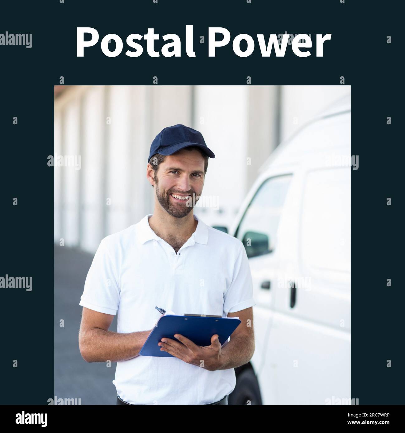 Composition of postal power text over happy caucasian delivery man with ...