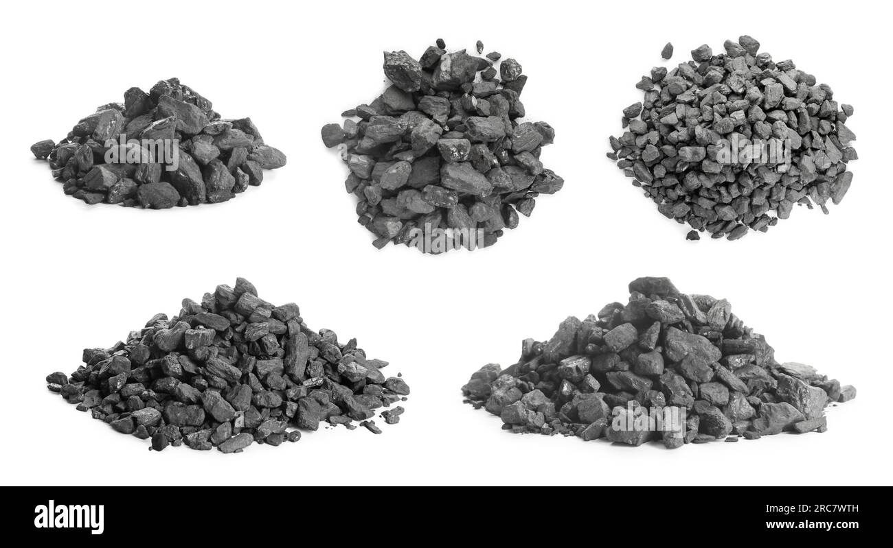 Collage with different piles of coal on white background Stock Photo ...