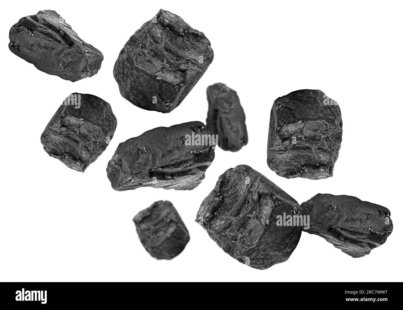 Different pieces of coal falling on white background, collage design ...