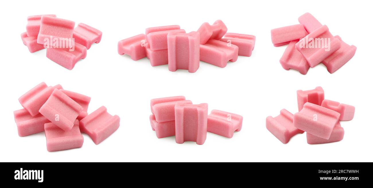 Set of tasty pink bubble gums on white background Stock Photo - Alamy
