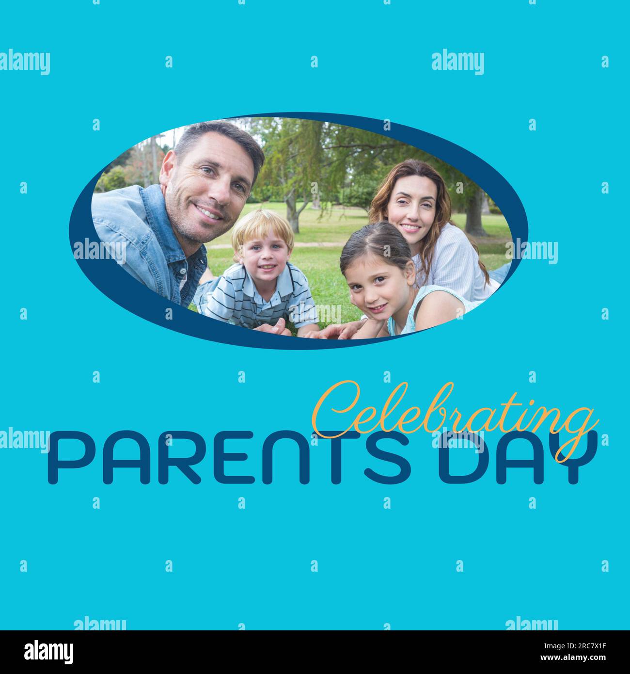 Celebrating parents day text on blue with happy caucasian parents, son ...