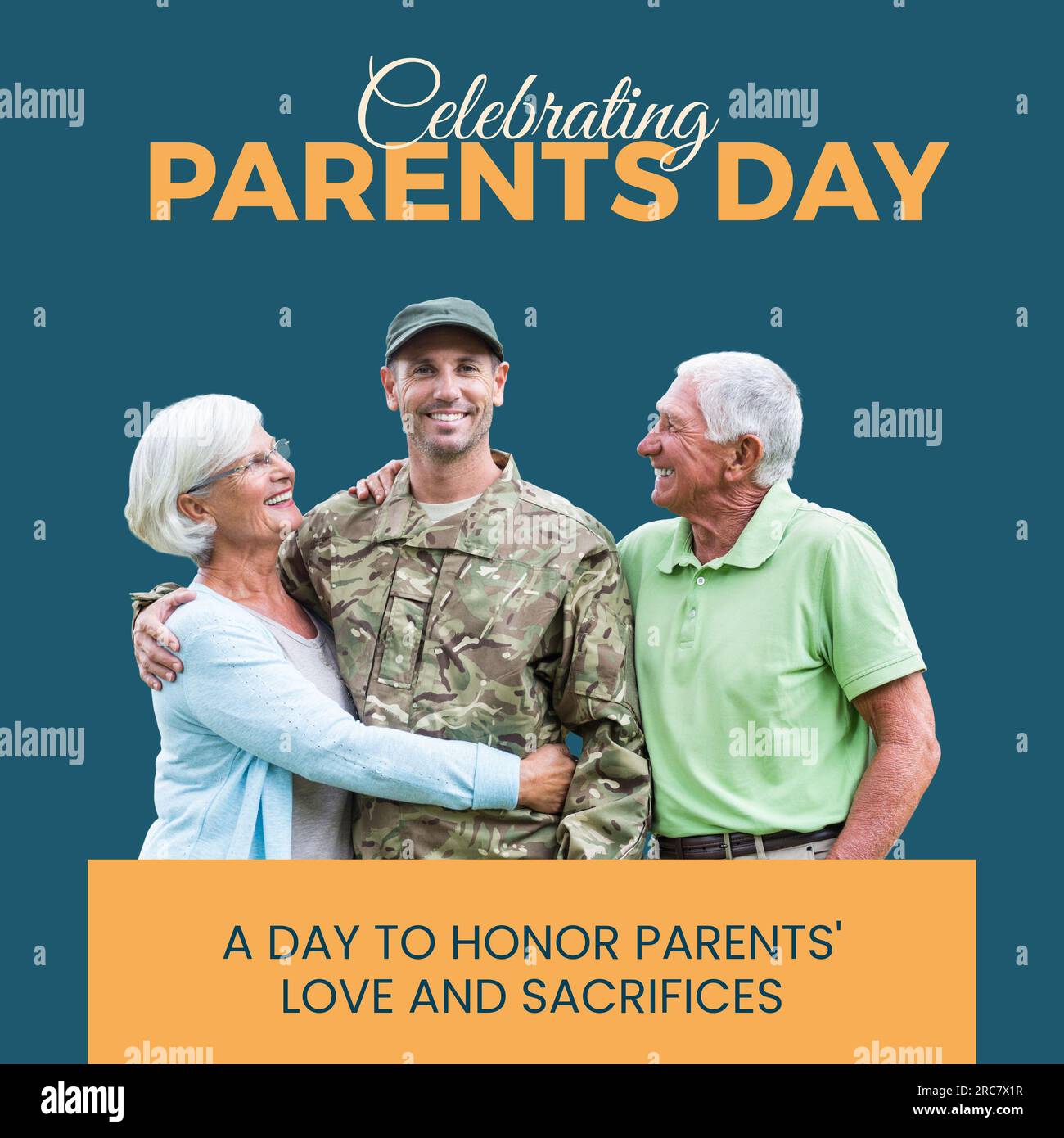 Celebrating parents day text with happy caucasian soldier son and ...