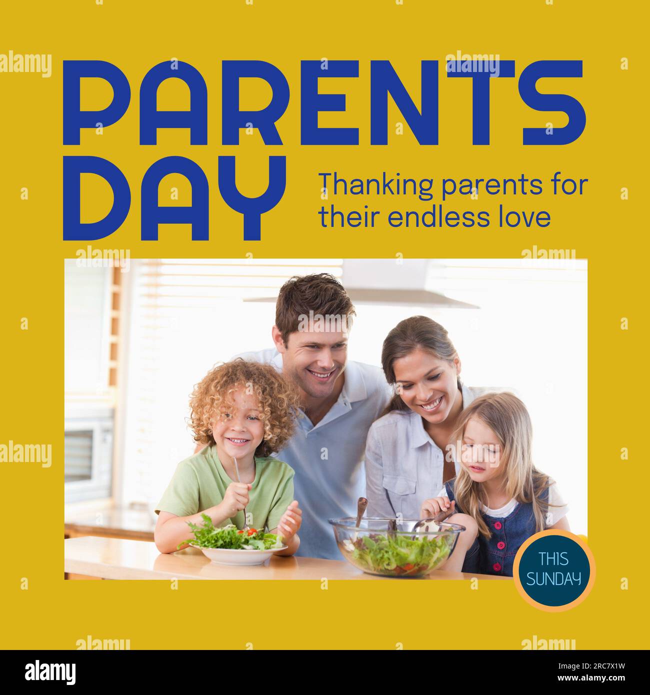 Parents day this sunday text on yellow with happy caucasian parents ...