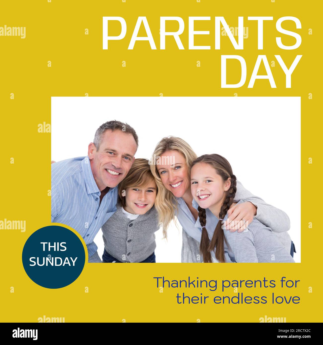 Parents day this sunday text on yellow with portrait of happy caucasian ...