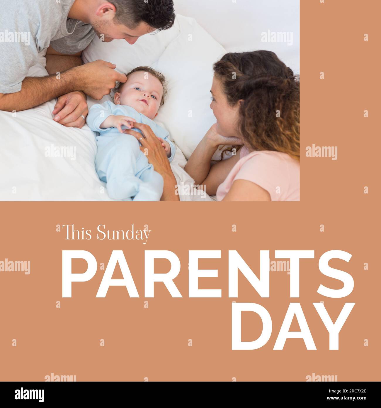 Parents day, this sunday text on brown with happy caucasian parents and ...