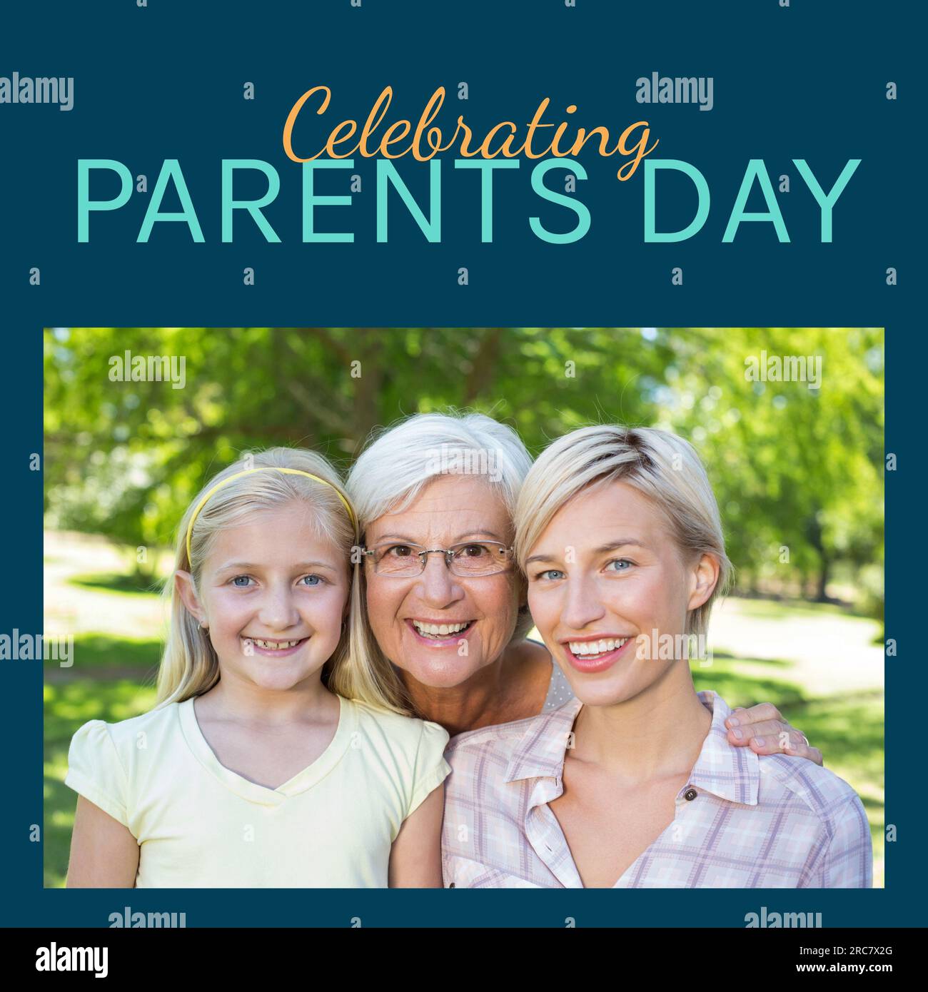 Celebrating parents day text on blue with happy caucasian mother ...