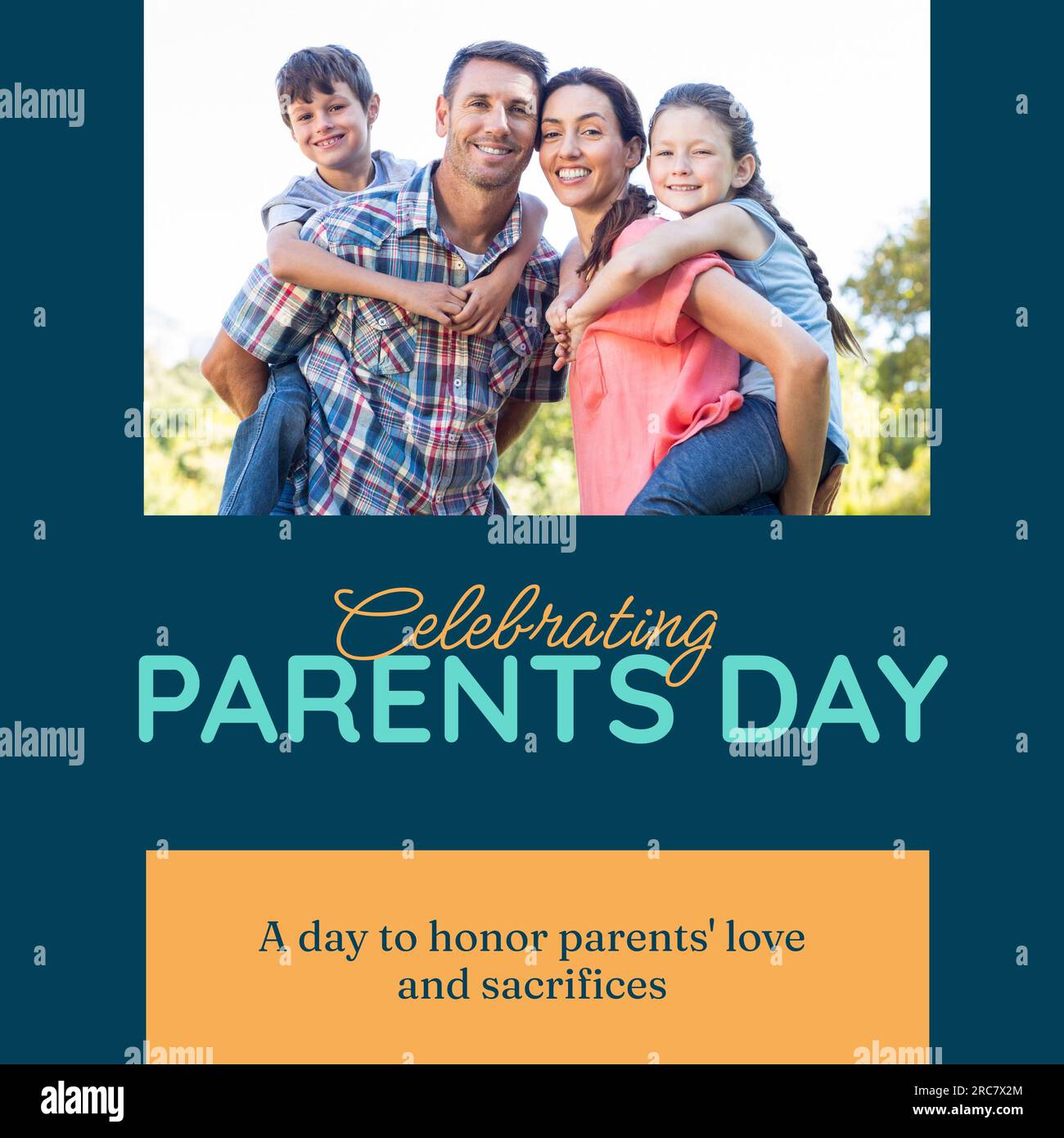 Celebrating parents day text with happy caucasian parents carrying ...