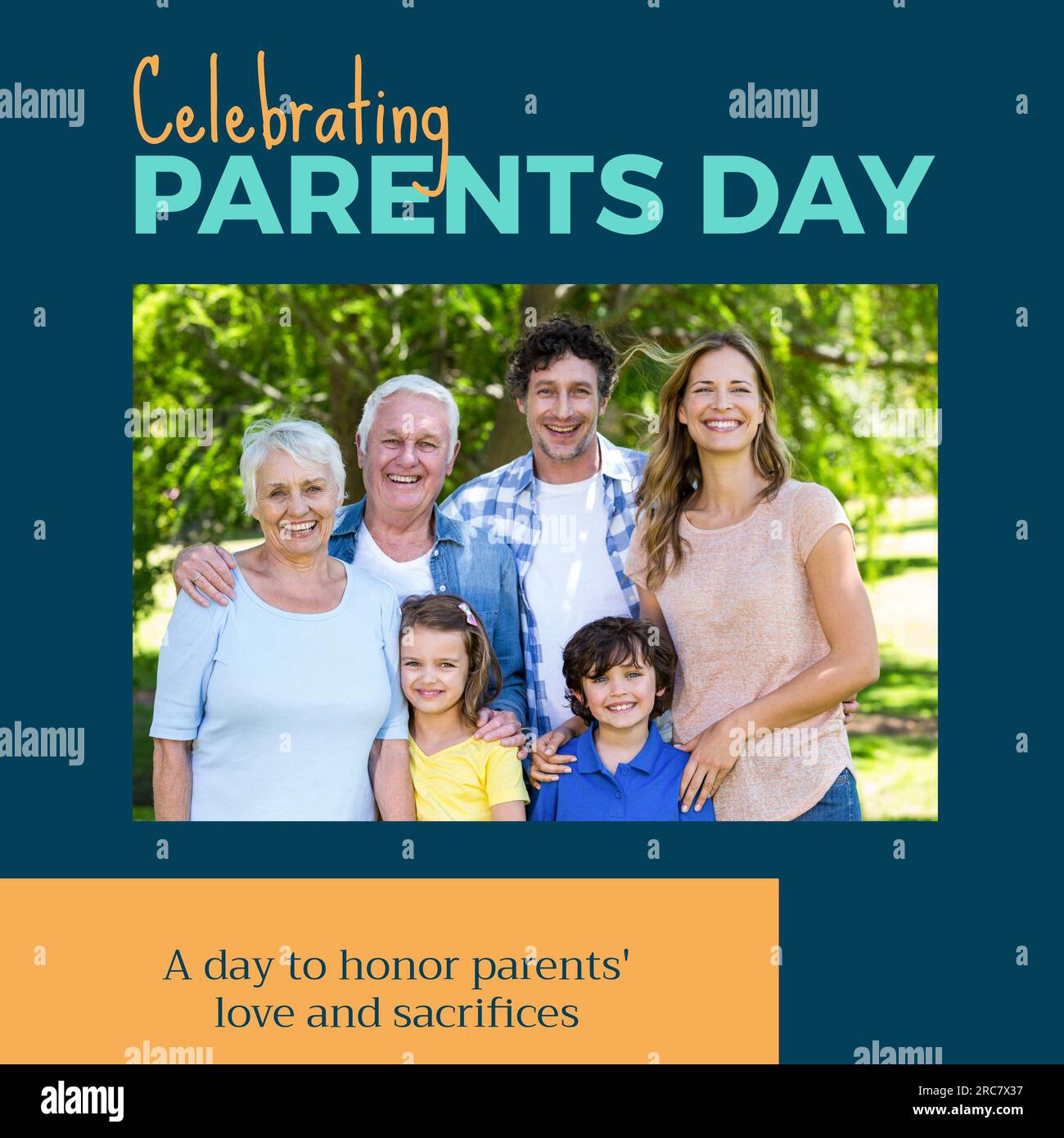 Celebrating parents day text with happy caucasian three generation ...