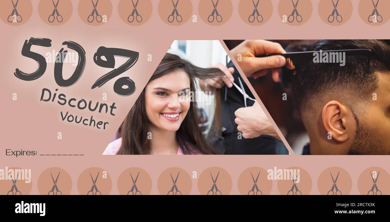 Composition of discount voucher text over diverse customers at hair ...