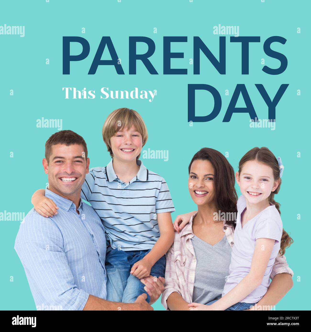 Parents day, this sunday text on blue with happy caucasian parents ...