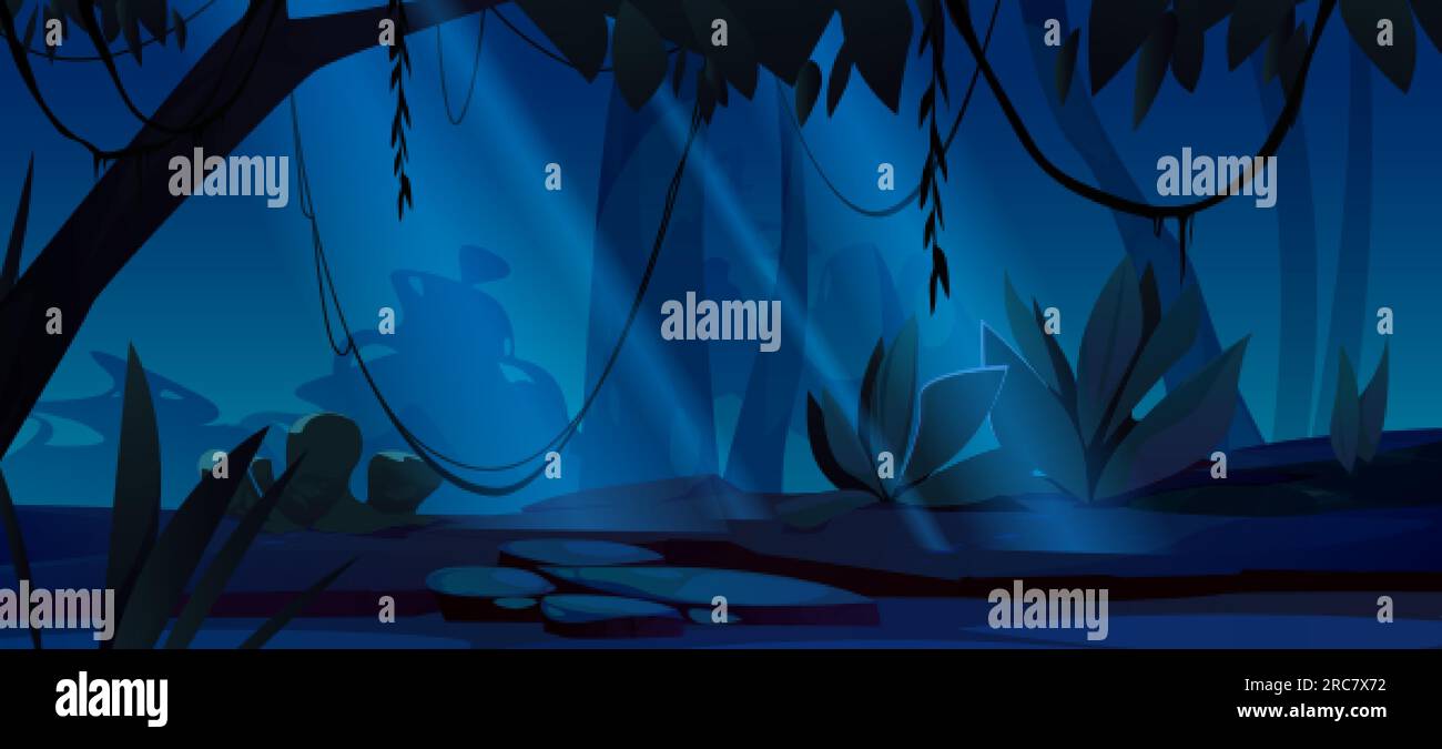 Dark forest landscape at night. Jungle scenery with silhouettes of ...
