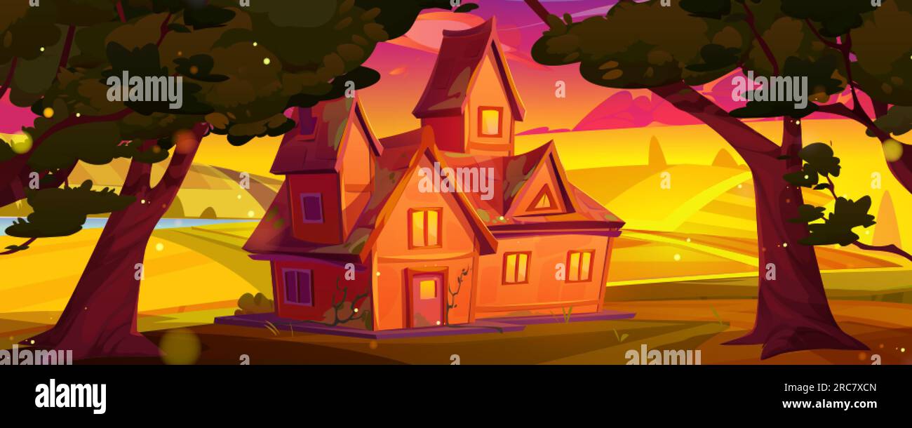 Cartoon landscape with house near trees and rural fields at sunset ...