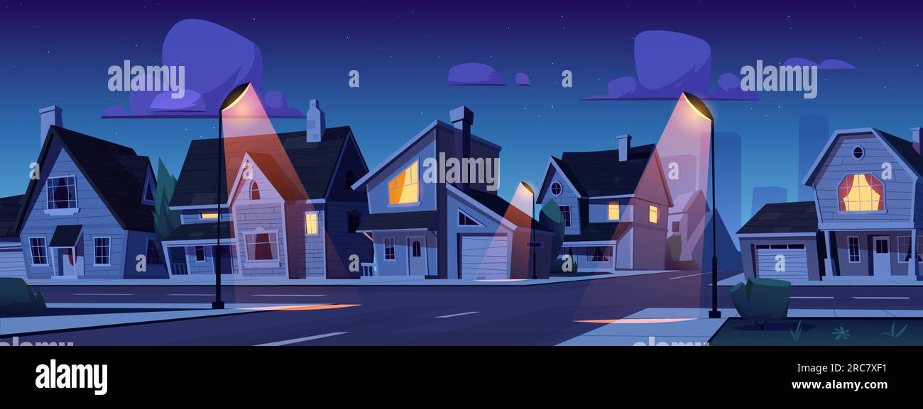 Cartoon suburban town street at night. Vector illustration of ...