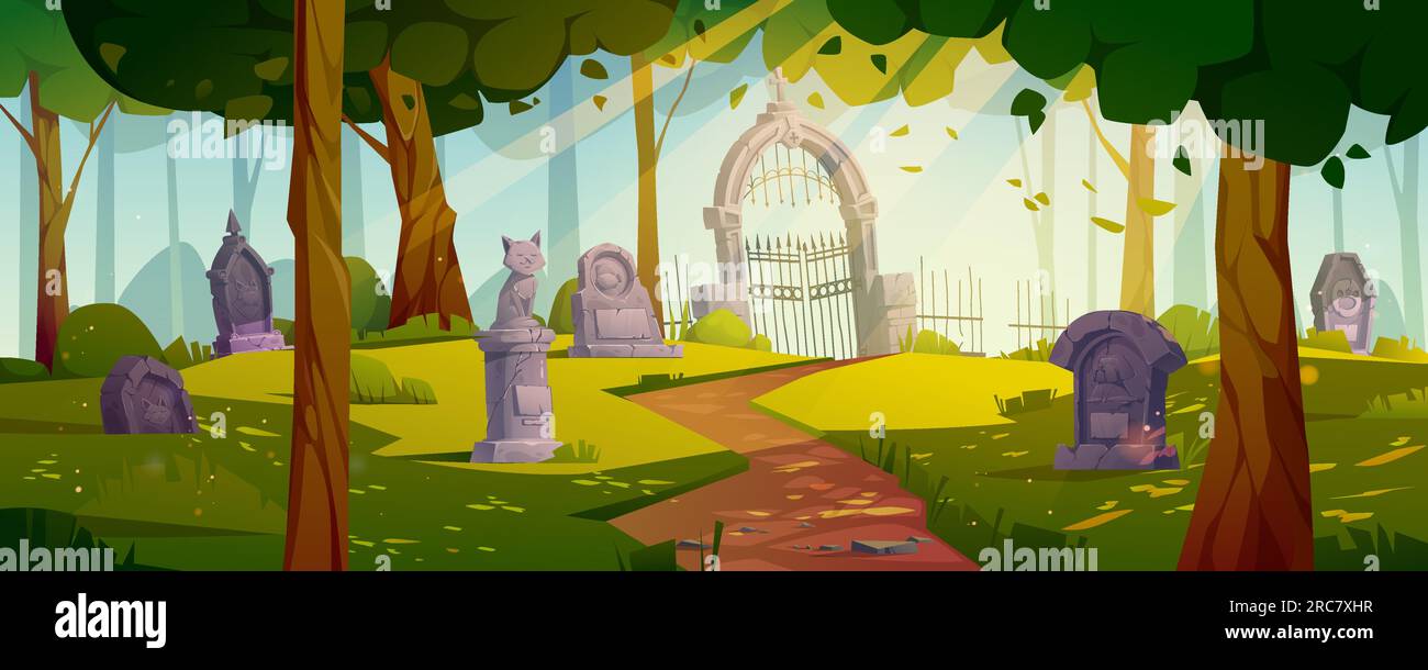 Pet funeral on cemetery in forest vector landscape. Graveyard for dead ...