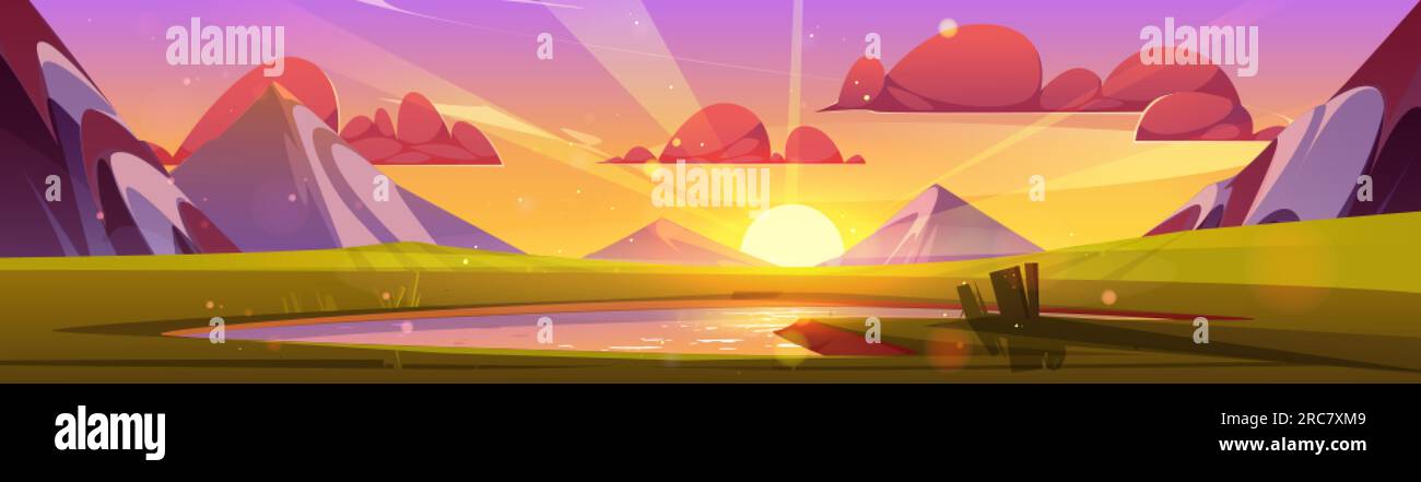 Cartoon sunrise above lake in mountain valley. Vector illustration of ...
