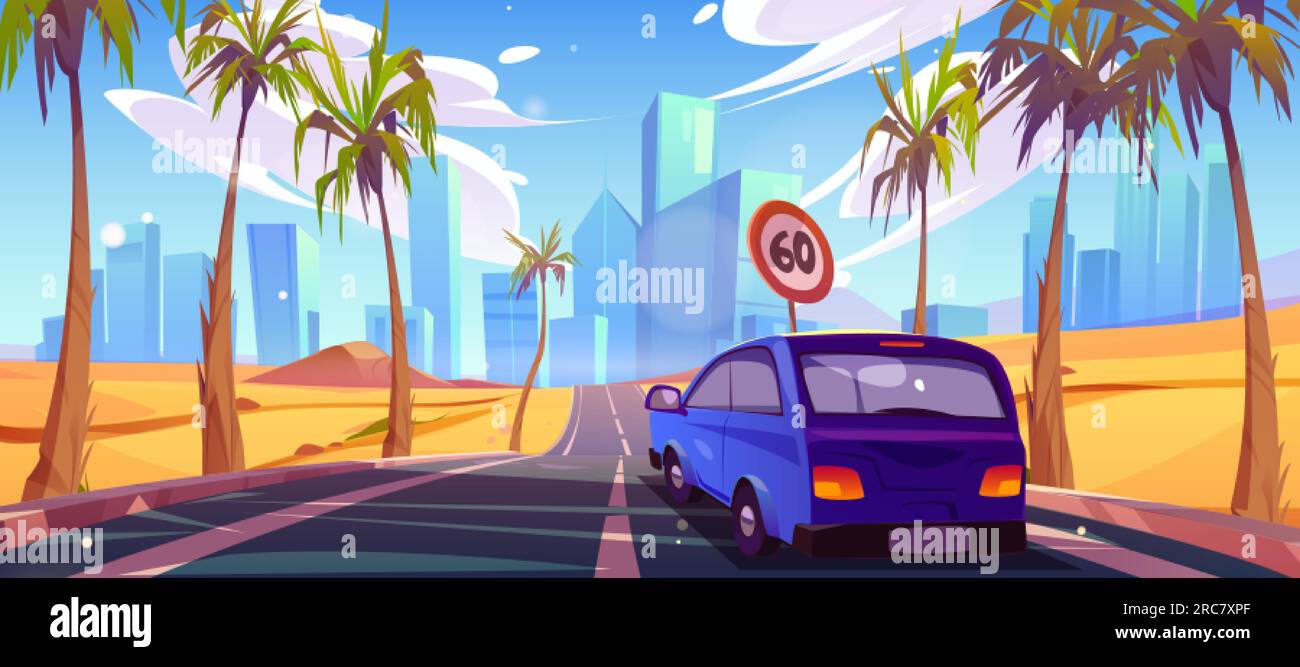 Car on desert road vector background. Highway with city skyline and ...