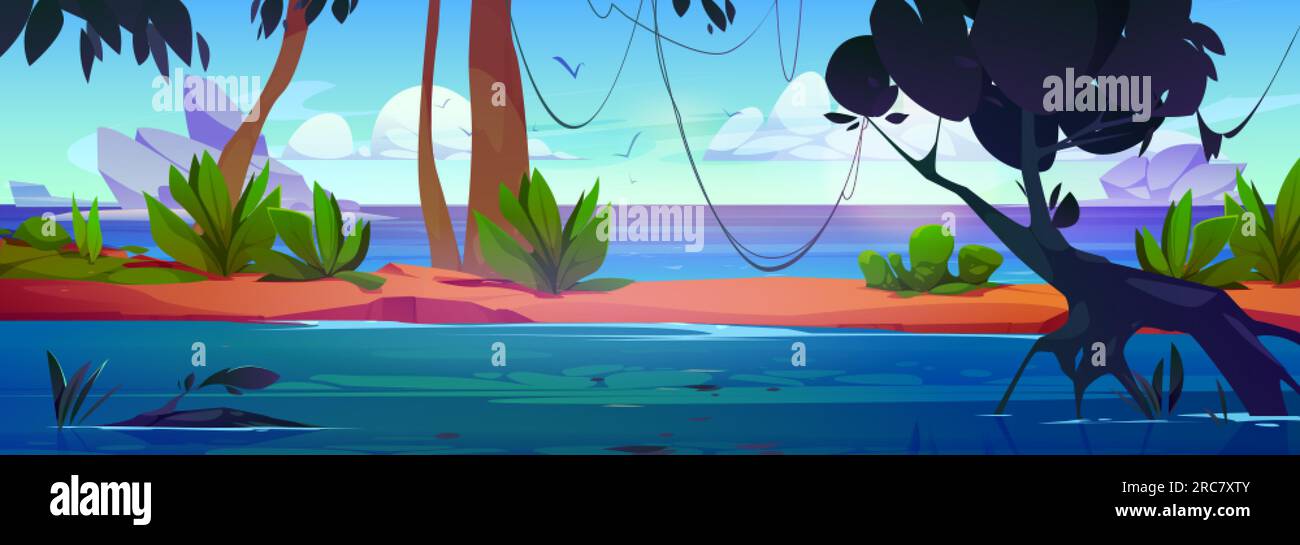 Tropical jungle forest near sea shore vector landscape. Amazon river ...