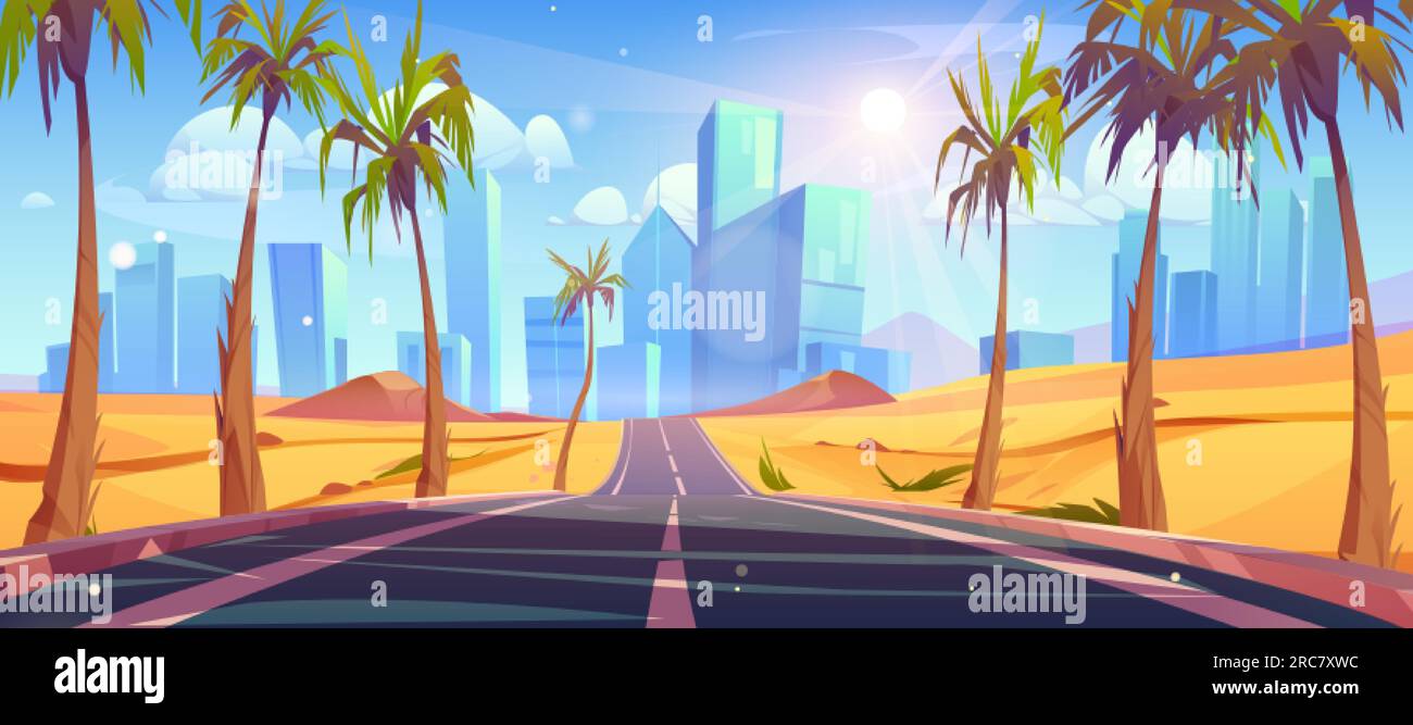 Desert road to city street with palm tree vector background. Empty ...