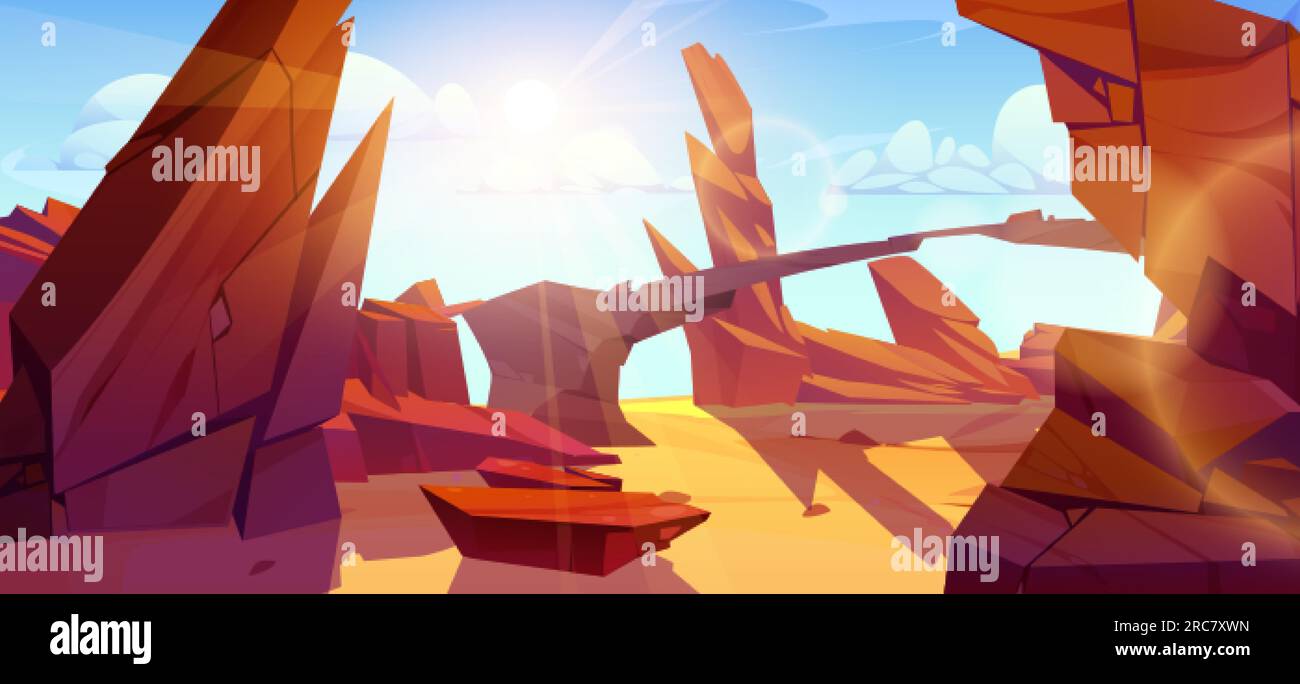 Rock and canyon in desert game cartoon landscape. USA rocky boulder ...