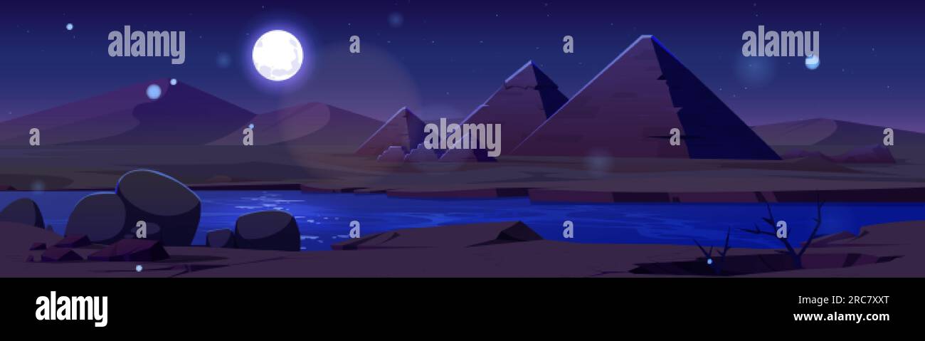 Pyramid in egypt desert oasis vector night landscape background ...
