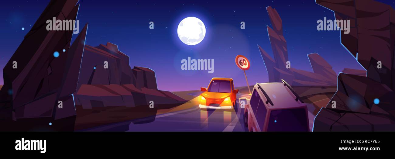 Night car road traffic in canyon cartoon illustration. Vector highway ...