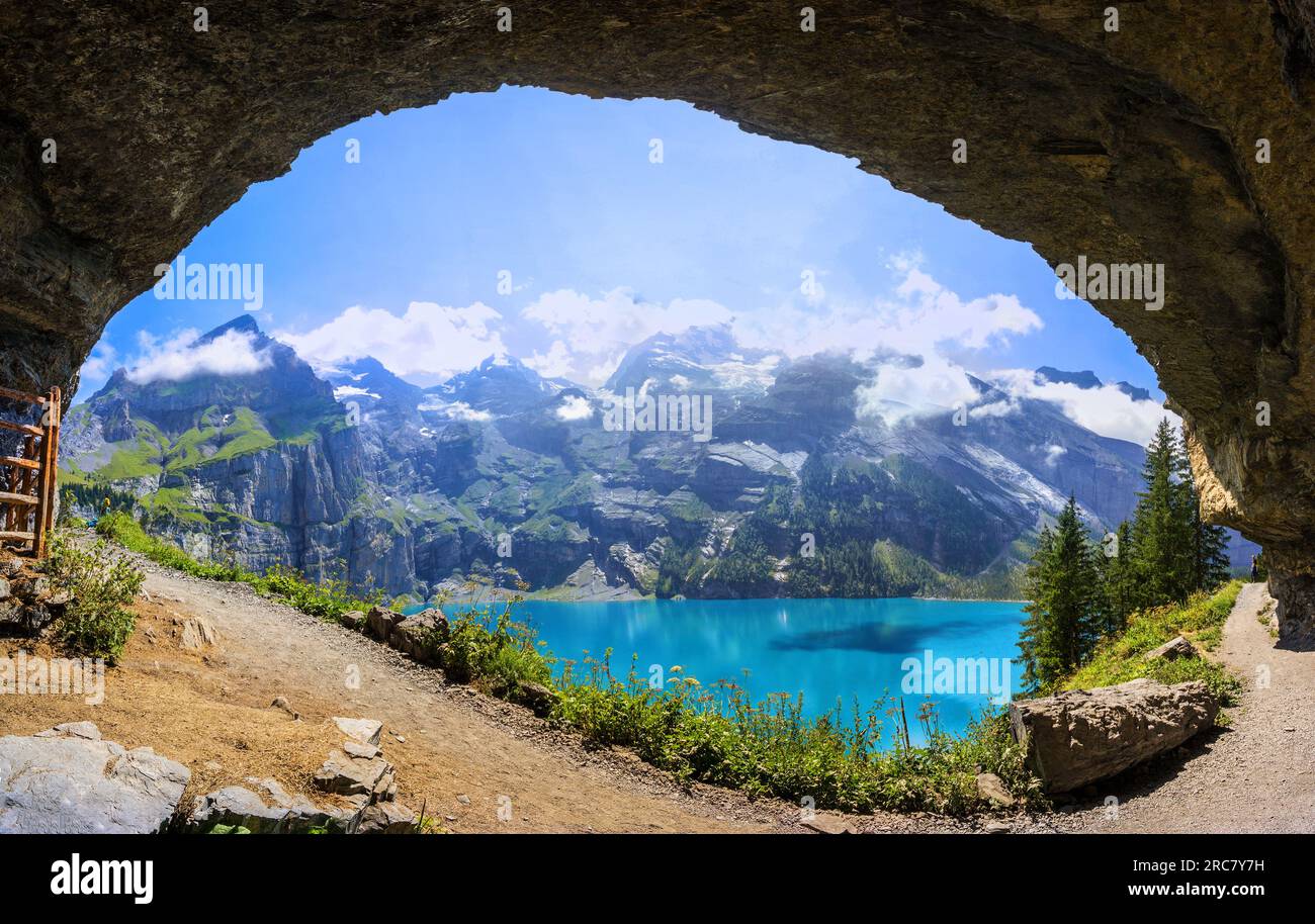 Beautiful panarama view from a curvy rock over the hiking path to the ...