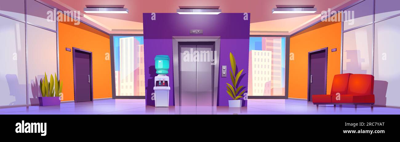 Office corridor interior with elevator and cabinet entrance door ...