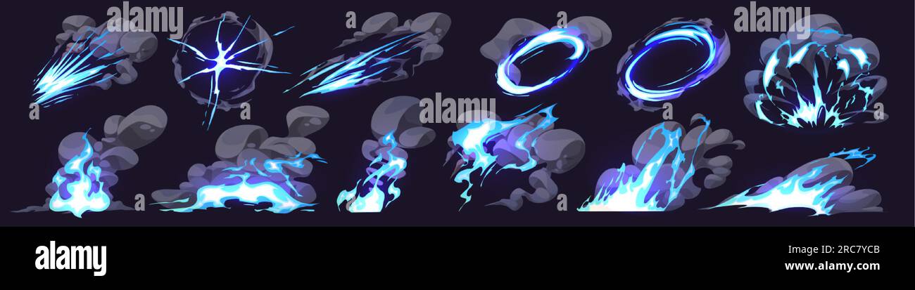 Cartoon set of smoke clouds with neon blue lightning effect isolated on ...