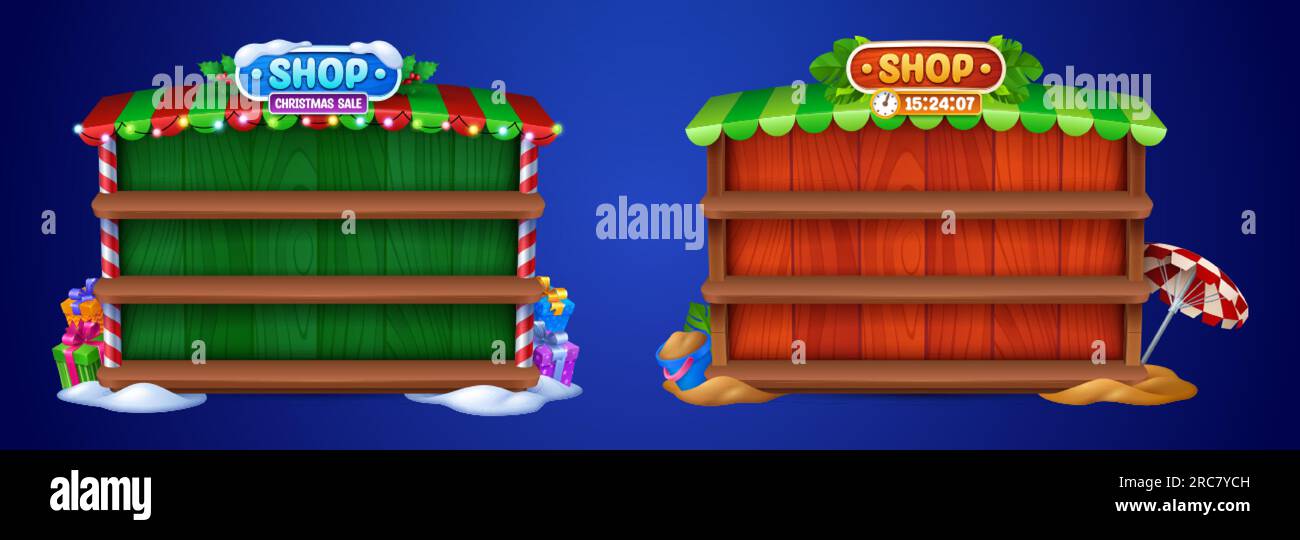 Cartoon set of game shop frames with empty wooden shelves. Vector ...