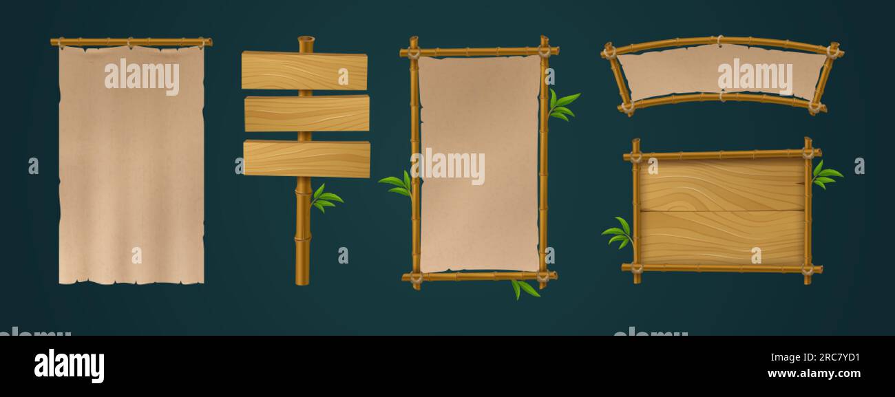Sign boards from bamboo frames, wooden planks and paper. Game menu ...
